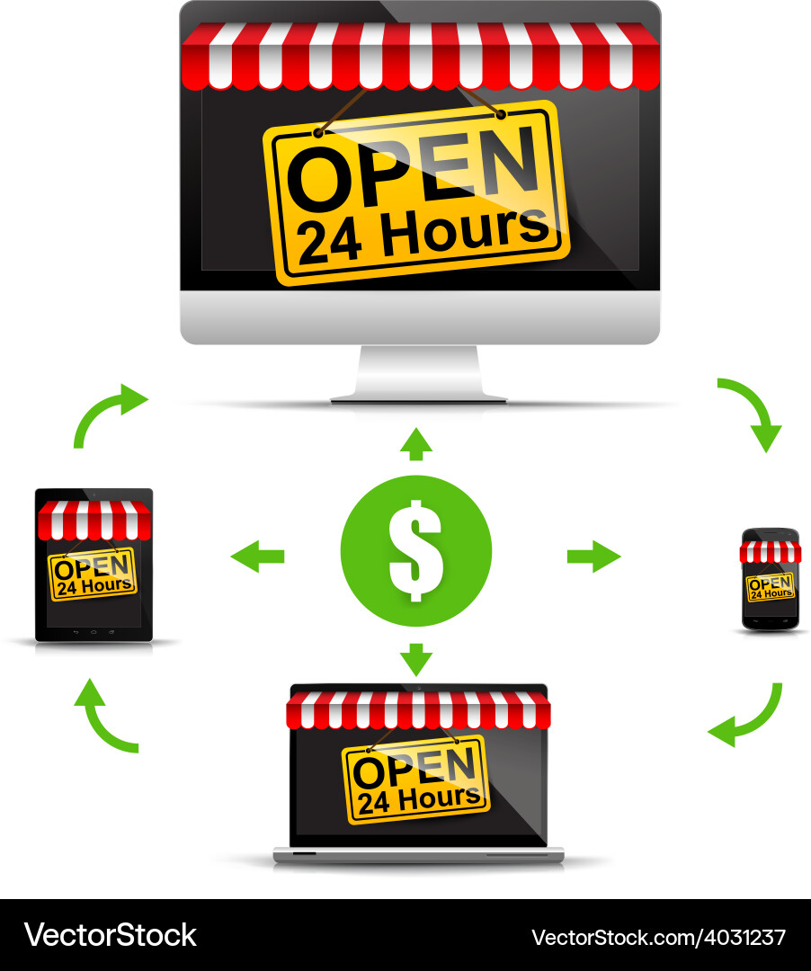 Shop open 24 hours on pc notebook laptop taplet Vector Image