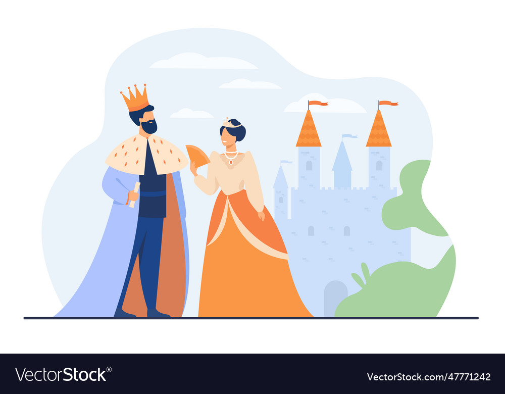 King and queen standing in front of castle Vector Image