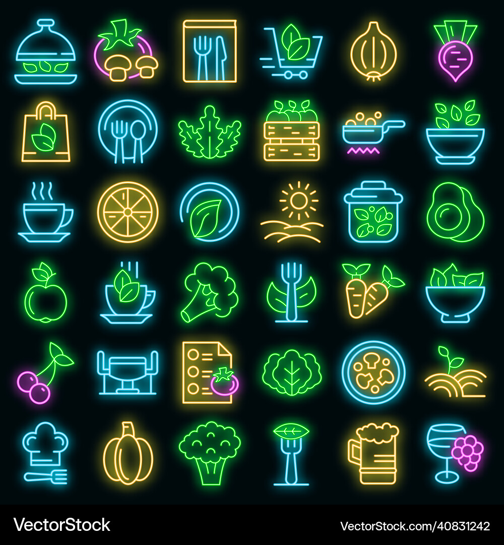 Organic restaurant icons set neon Royalty Free Vector Image