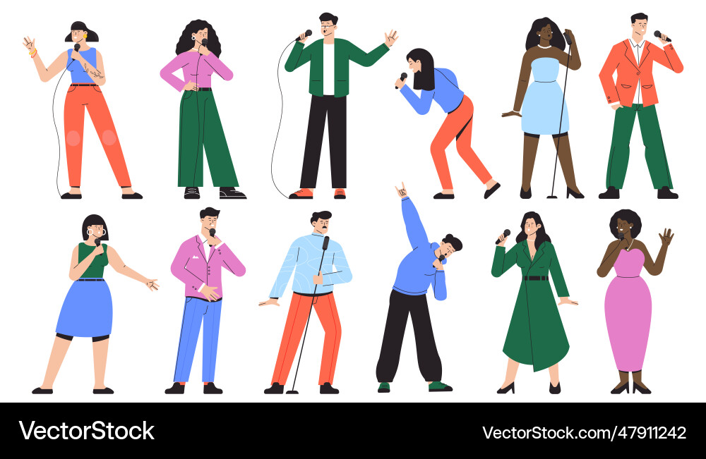 Singer characters cartoon singers with microphone Vector Image