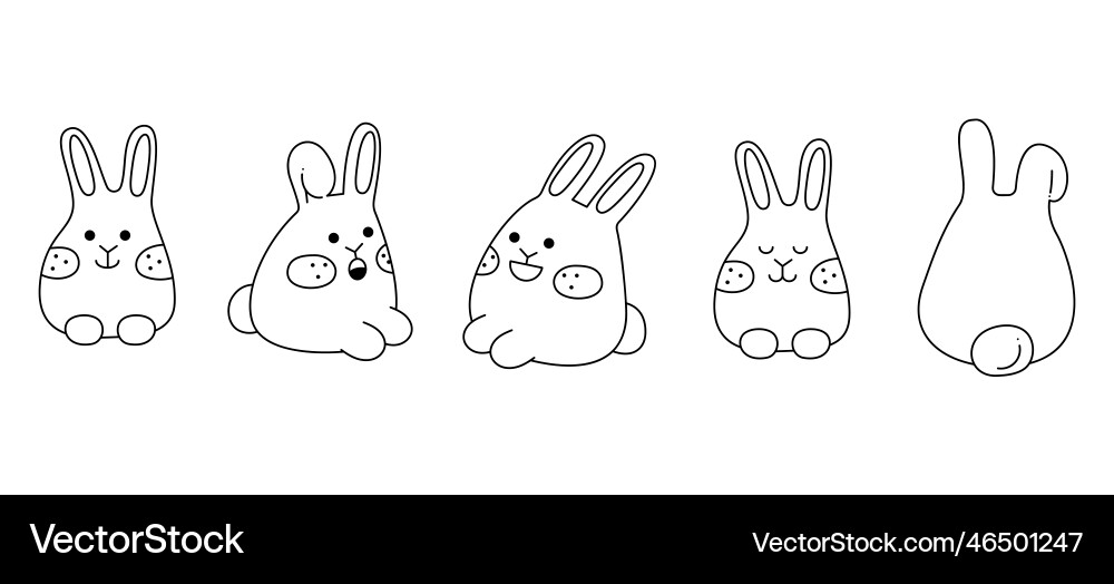 Set of five cute easter bunnies doodle black Vector Image