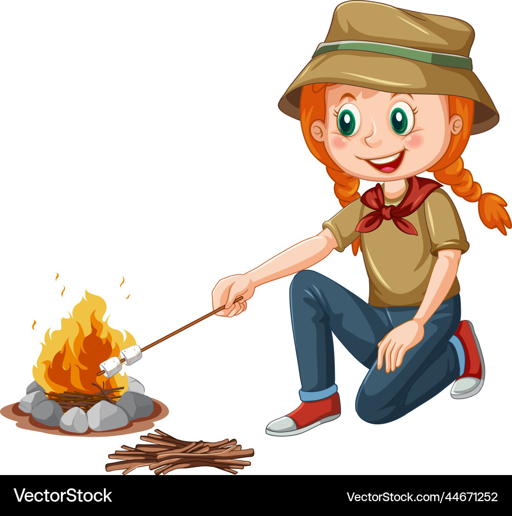 Camping girl roasting marshmallow Royalty Free Vector Image