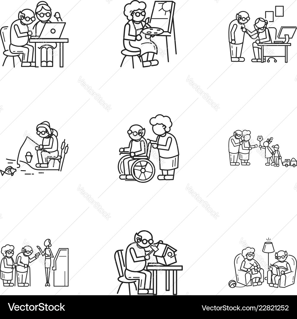 Older person activity icon set outline style Vector Image