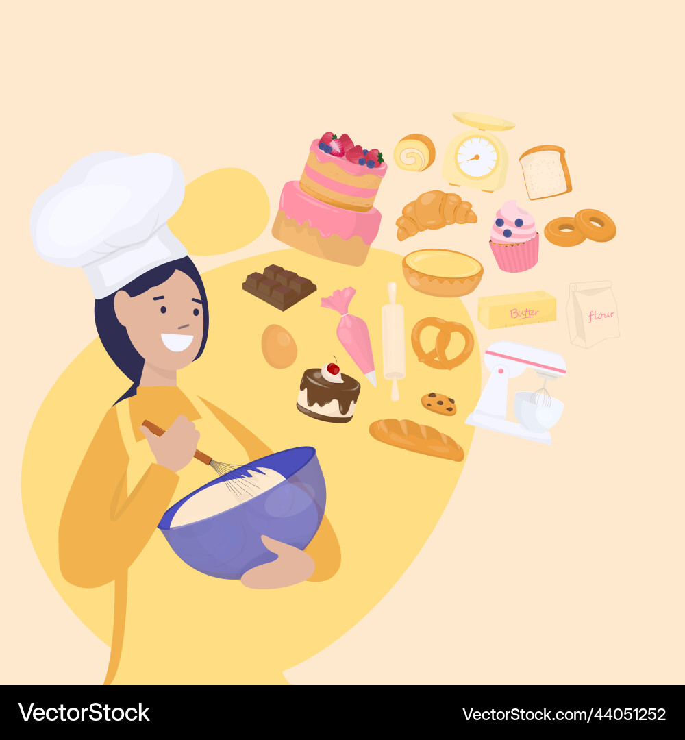 Woman mixing flour with bakery and baking tools Vector Image