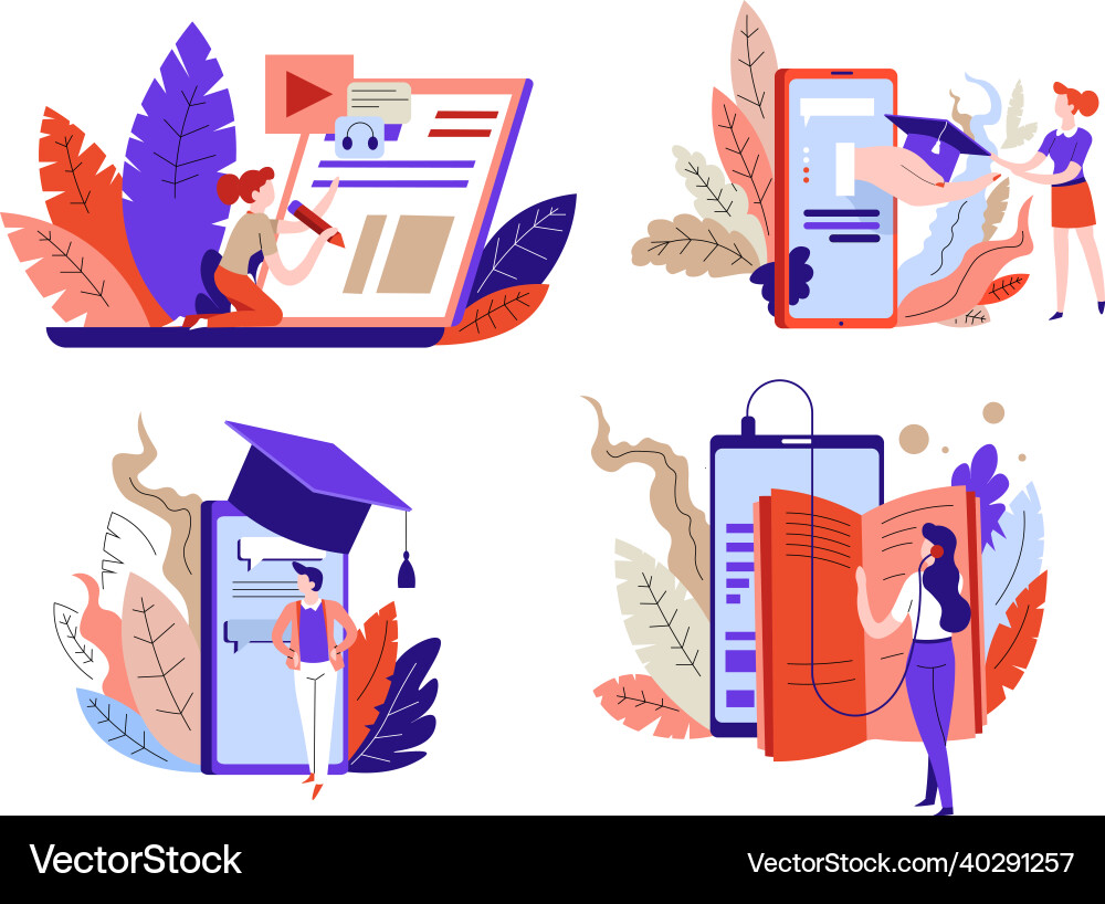 Education online students with books and gadgets Vector Image