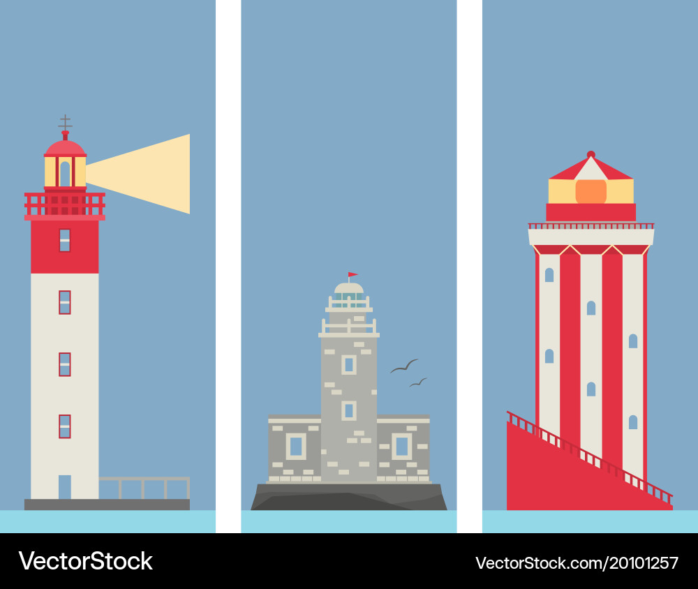 Lighthouses banner flat searchlight towers Vector Image