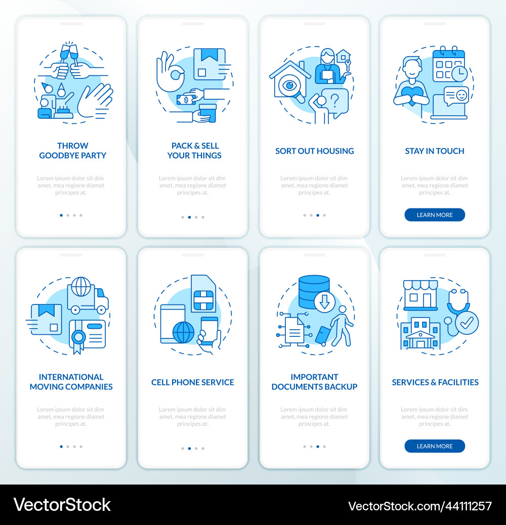 Prepare to move abroad blue onboarding mobile app Vector Image