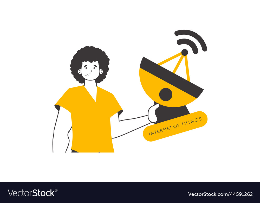 A Man Holds The Iot Logo In His Hands Linear Vector Image
