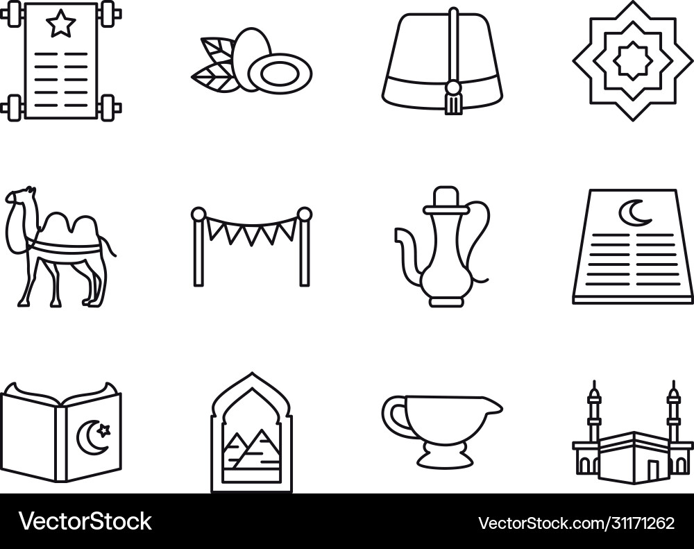 Islamic star and eid mubarak icon set line style Vector Image