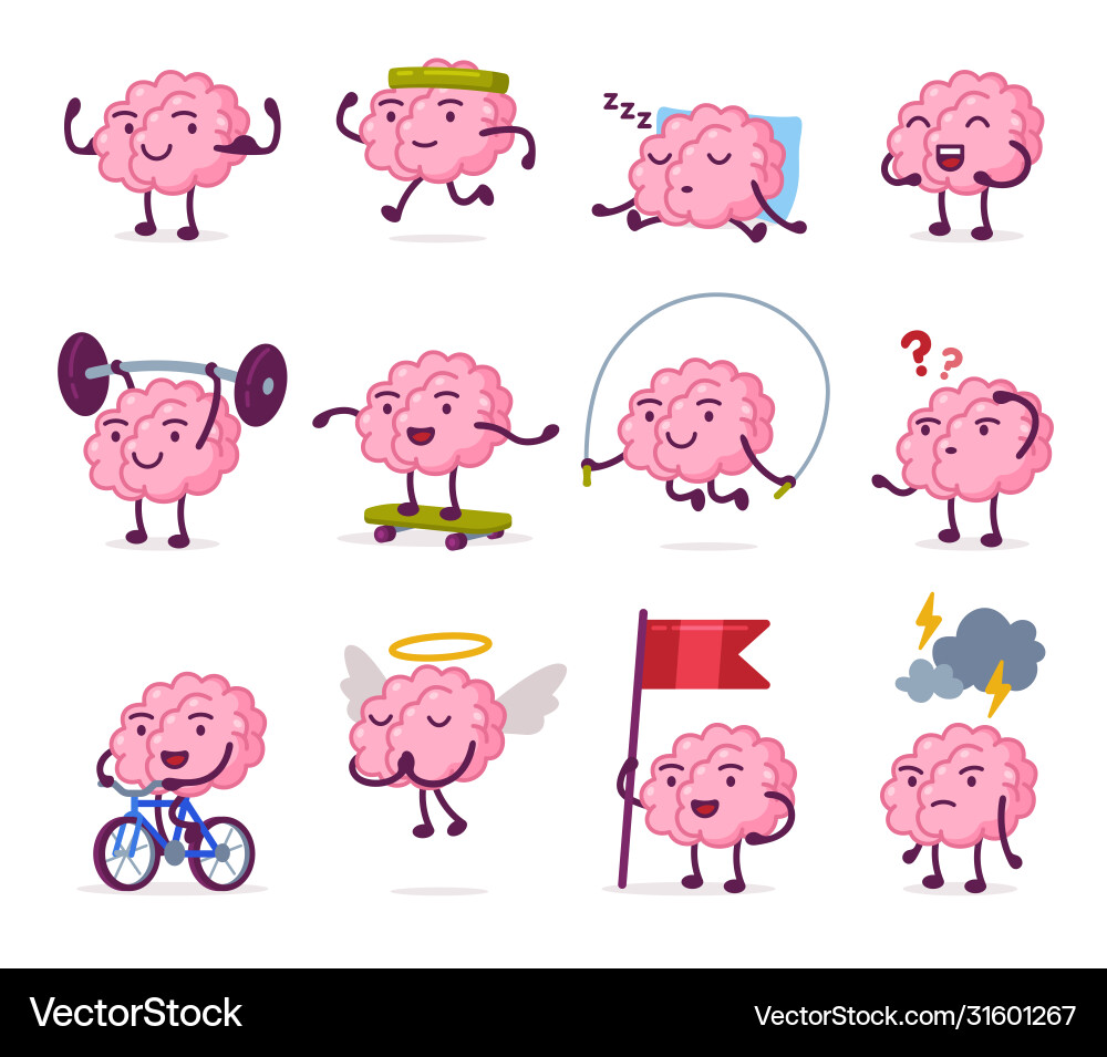 Cute pink brain with various emotions set funny Vector Image