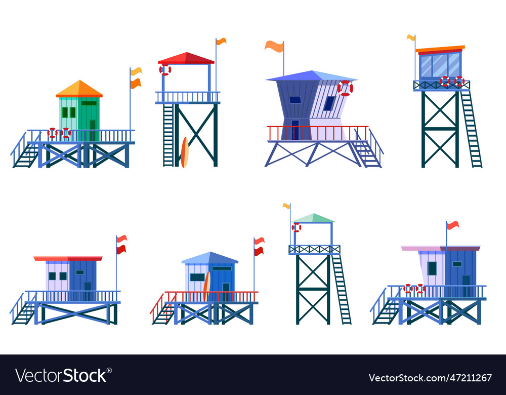 Set of lifeguard tower icons station beach Vector Image