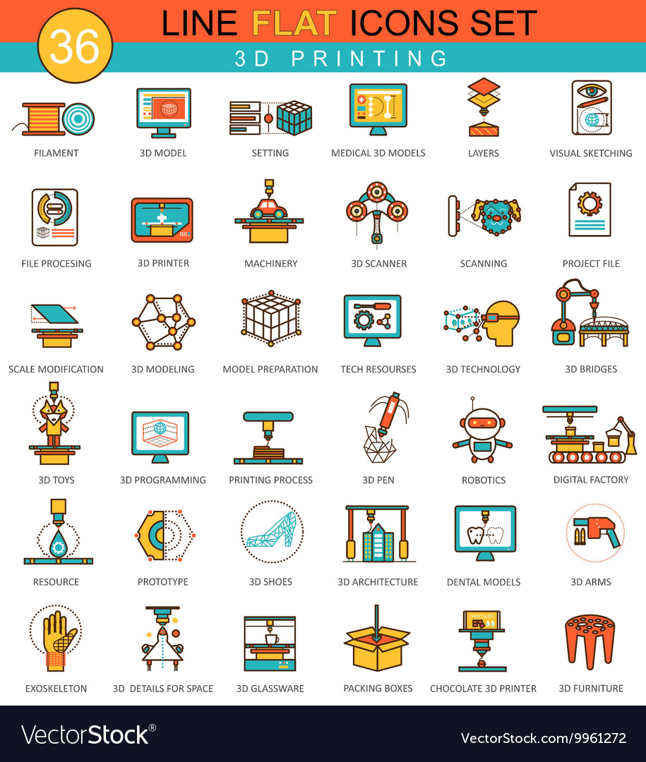 3d printing modeling flat line icon set Royalty Free Vector