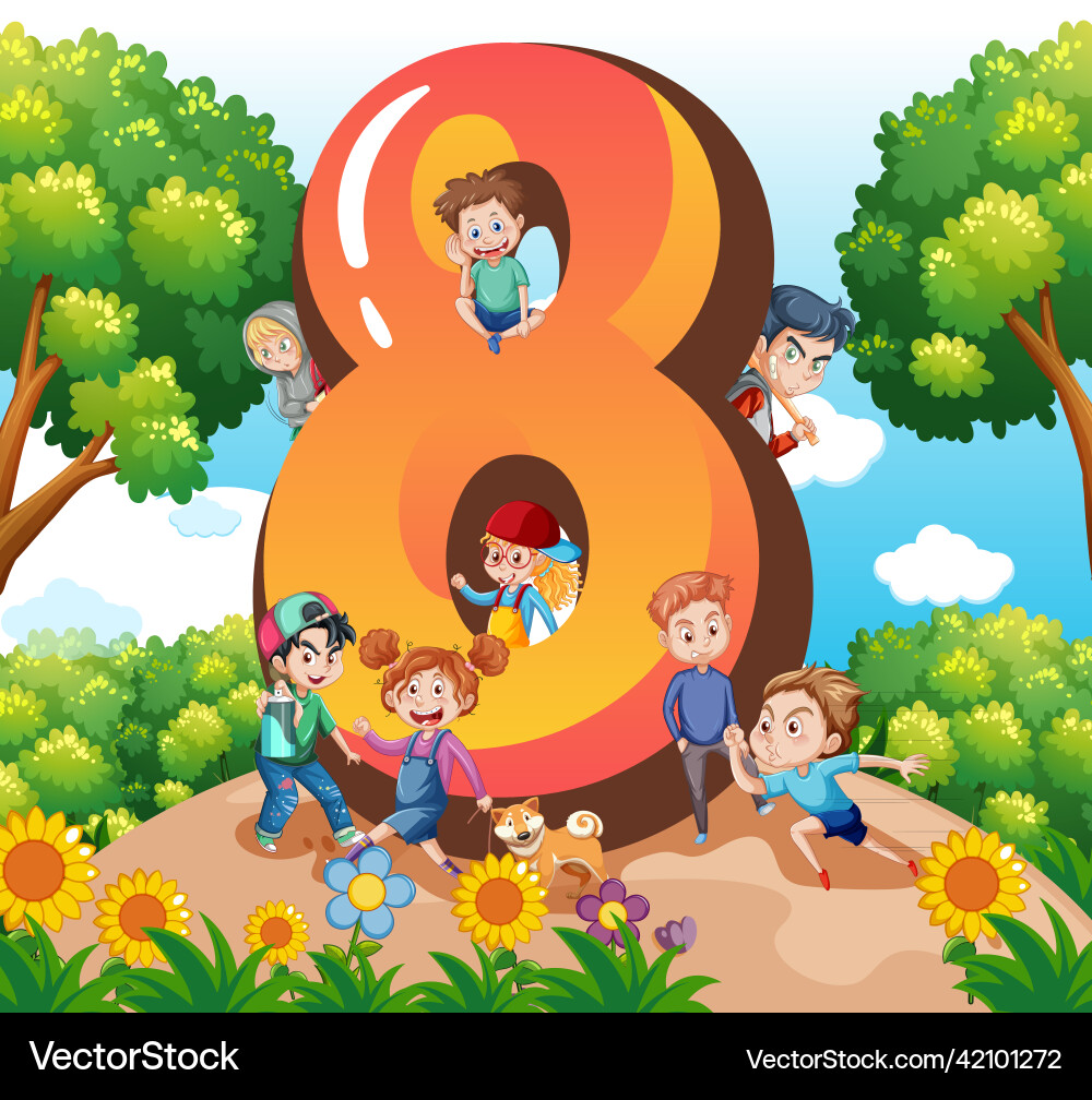 Eight kids with number cartoon Royalty Free Vector Image