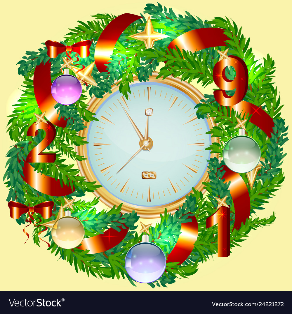 Realistic christmas wreath and gold clock Vector Image