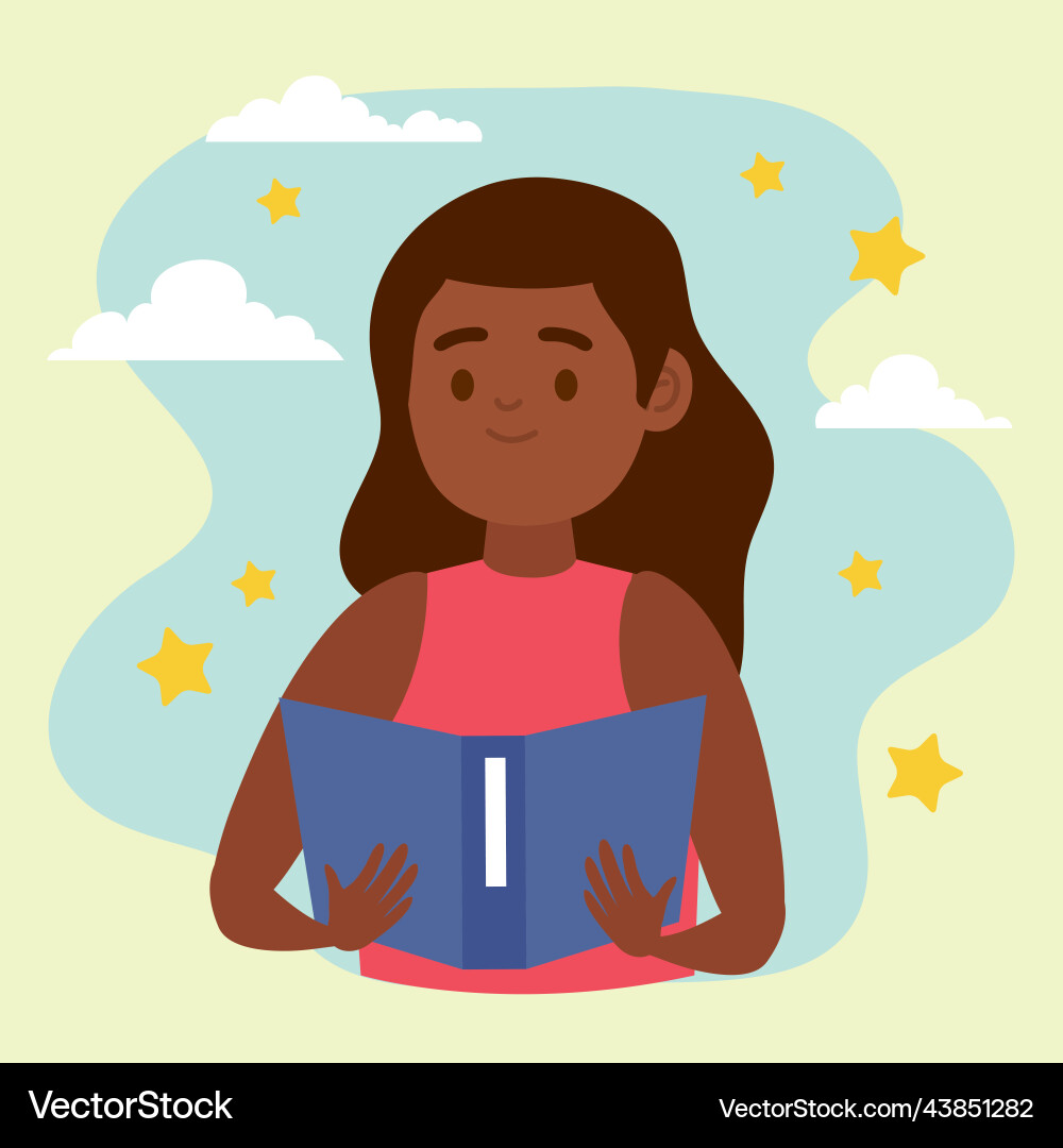 Afro girl reading blue book Royalty Free Vector Image