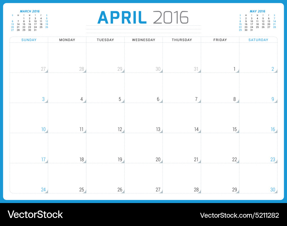 Calendar planner 2016 design template april week Vector Image