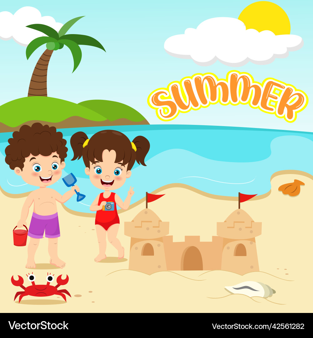 Children making sand castle at tropical beach Vector Image