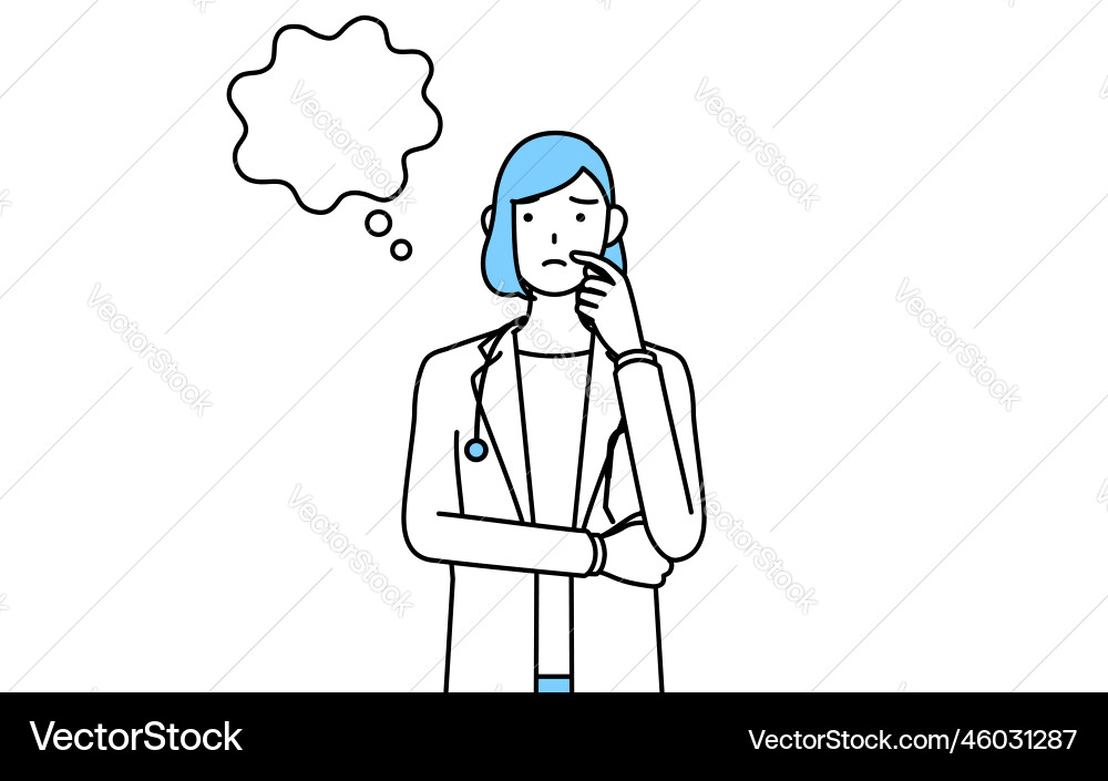 A woman doctor in white coat thinking while Vector Image