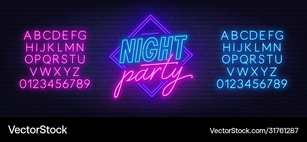 Neon sign night party on brick wall background Vector Image