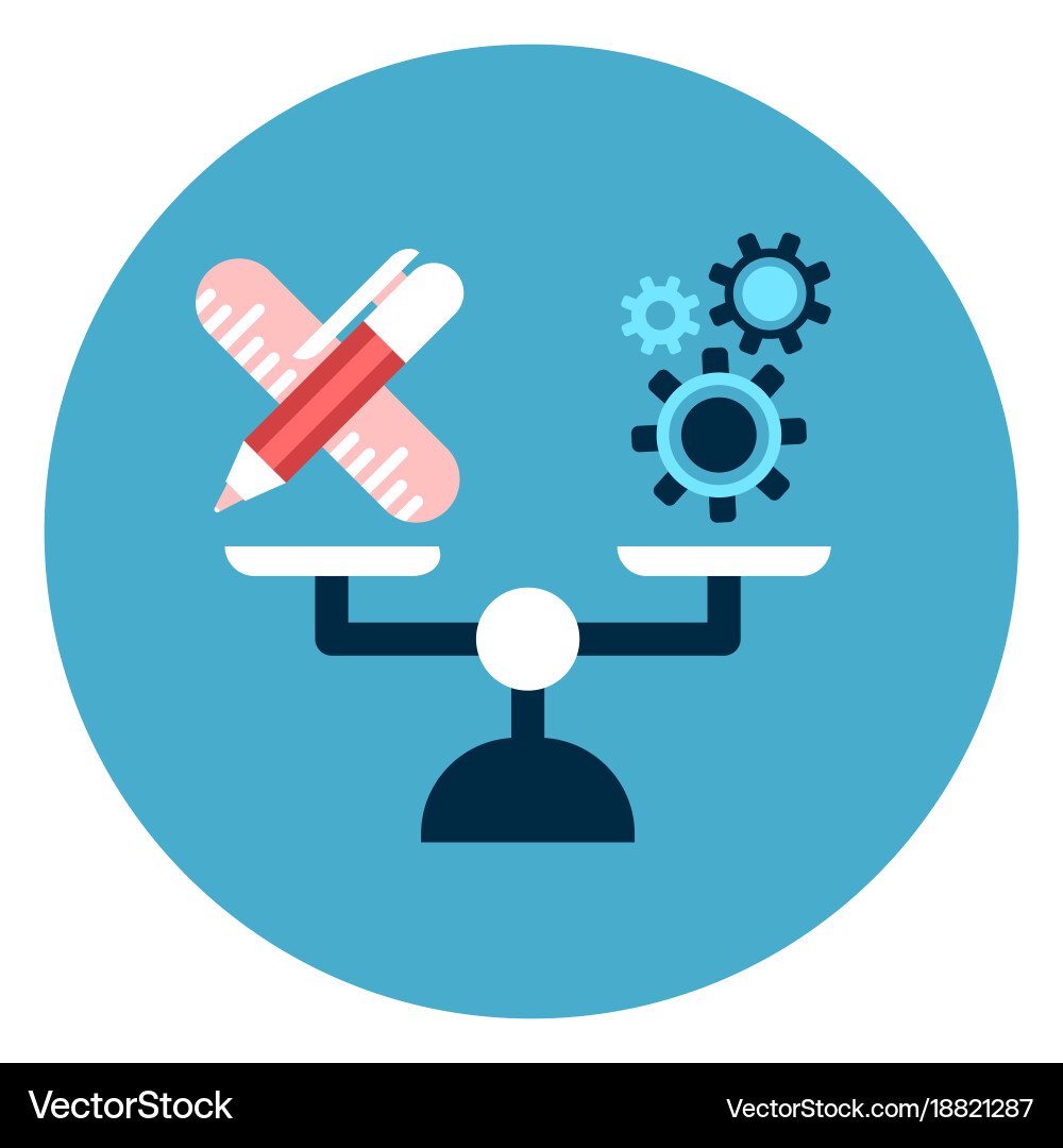 Writing tools vs cog wheels on balance scales icon