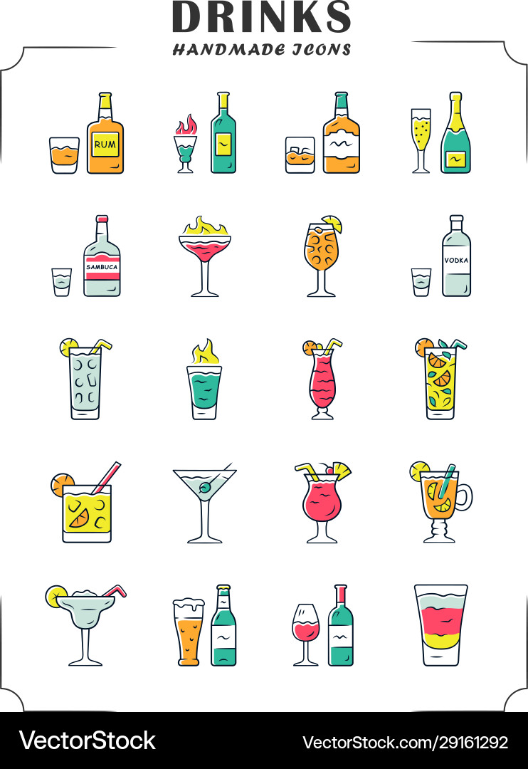 Drinks color icons set alcohol menu card Vector Image