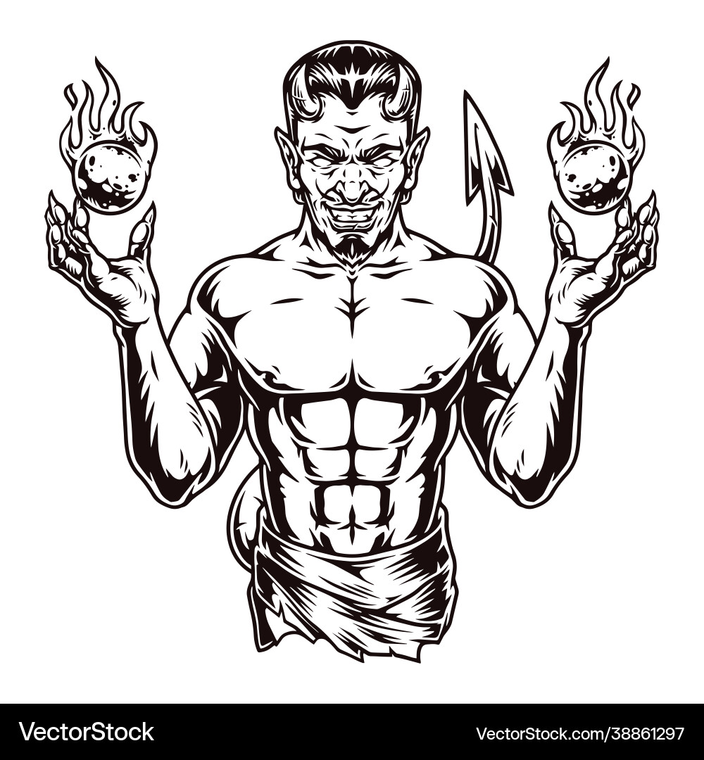 Angry horned demon with fireballs Royalty Free Vector Image