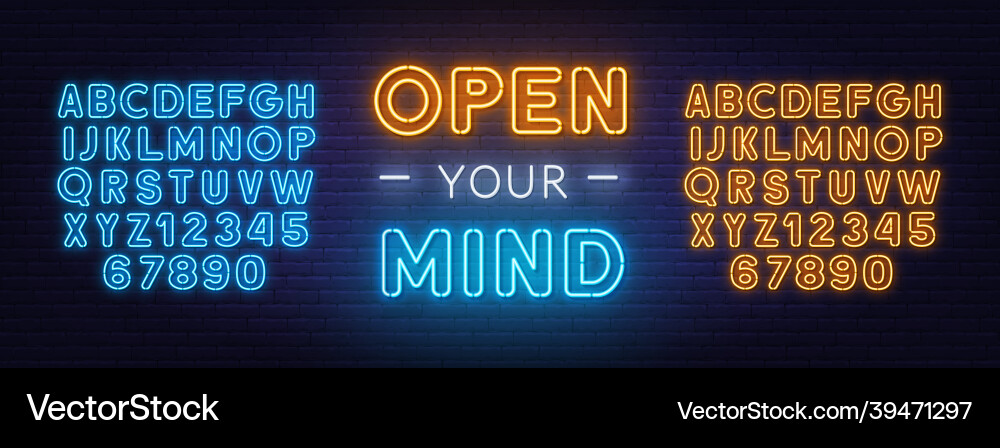 Open your mind neon lettering on brick wall Vector Image