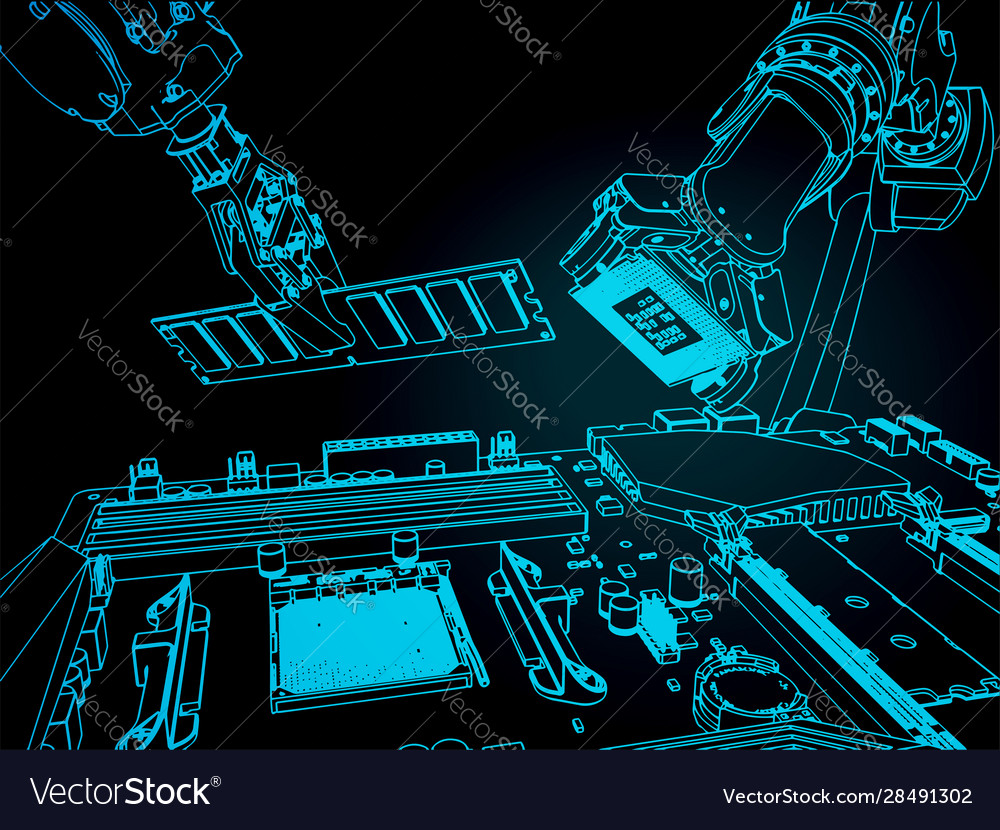 Industrial robots assemble a computer Royalty Free Vector