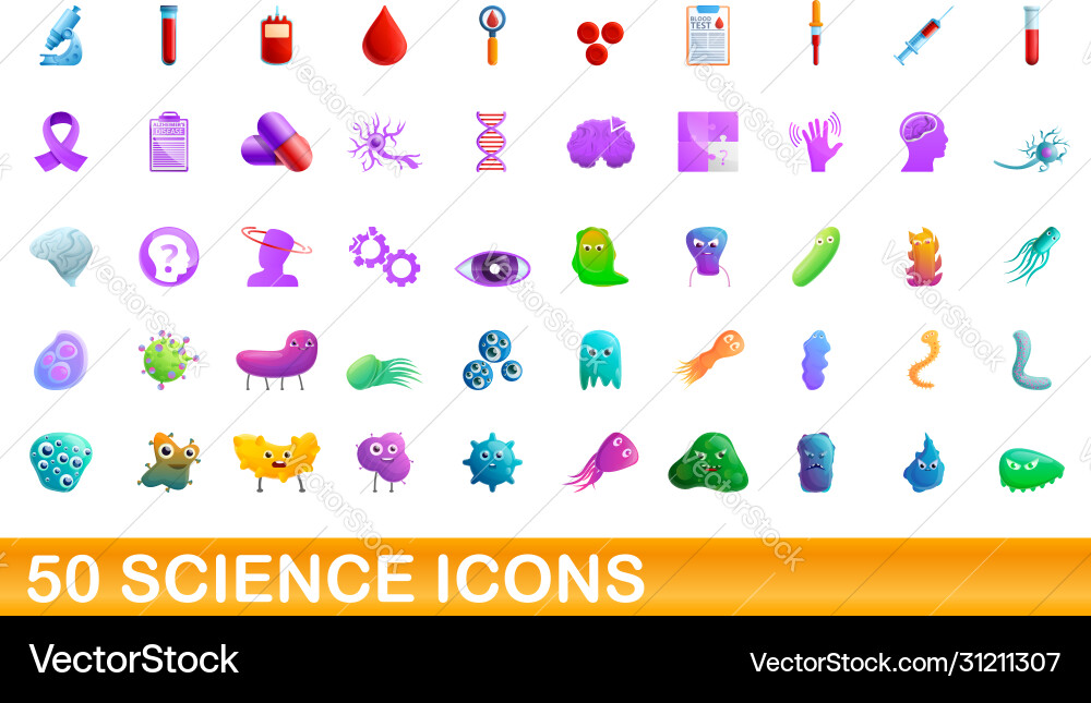 50 science icons set cartoon style Royalty Free Vector Image