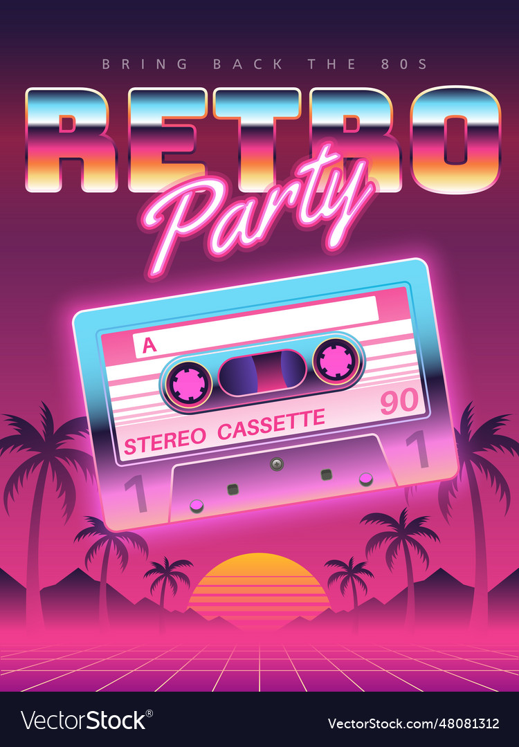 Cassettes poster retro disco party 80s 90s banner Vector Image