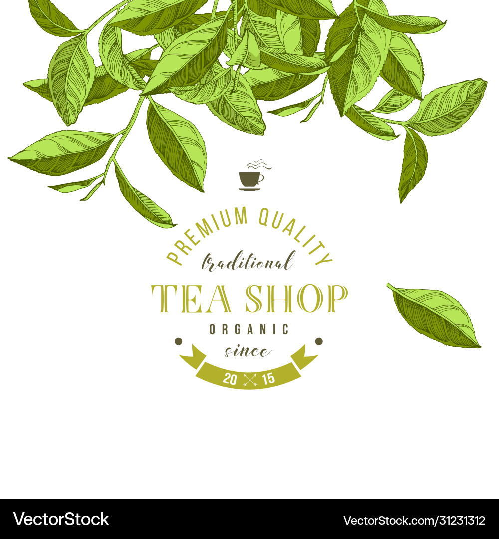 Tea shop emblem with hand drawn tea leaves Vector Image