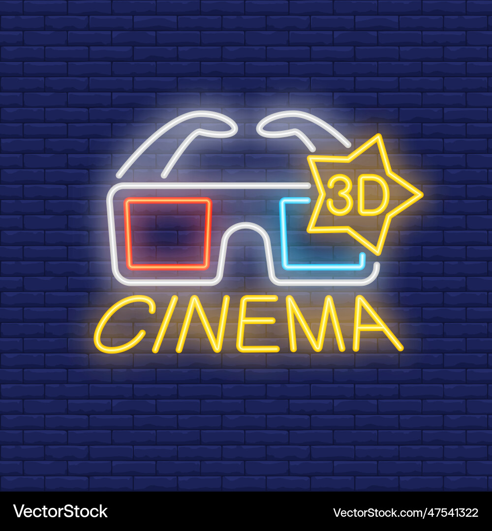 3d cinema neon sign with glasses Royalty Free Vector Image