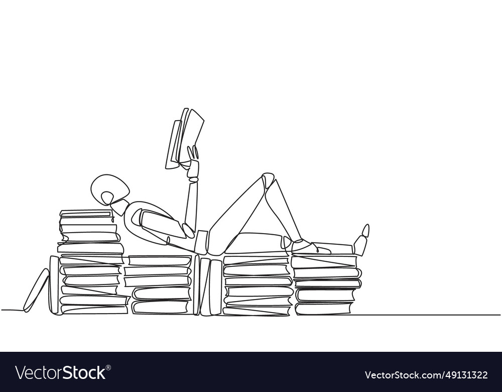 Single one line drawing robot lying down Vector Image