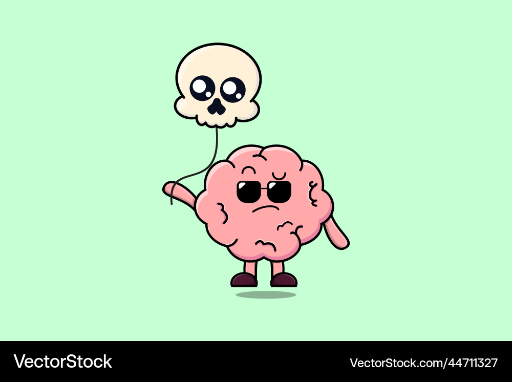 Cute cartoon brain floating with skull balloon Vector Image