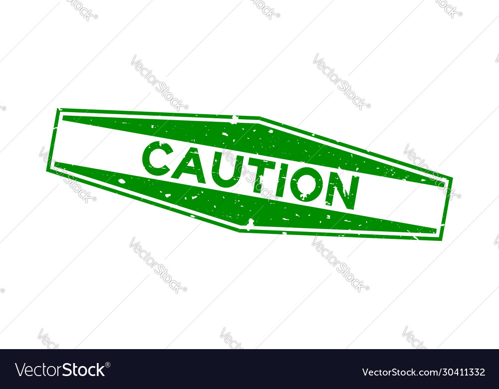 Grunge green caution word hexagon rubber seal Vector Image