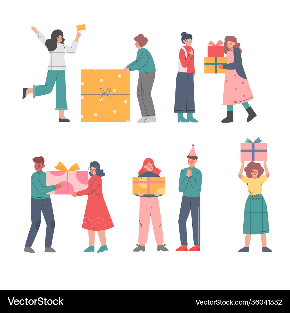 Happy people receiving and giving presents set Vector Image