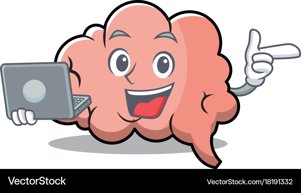 With laptop brain character cartoon mascot Vector Image