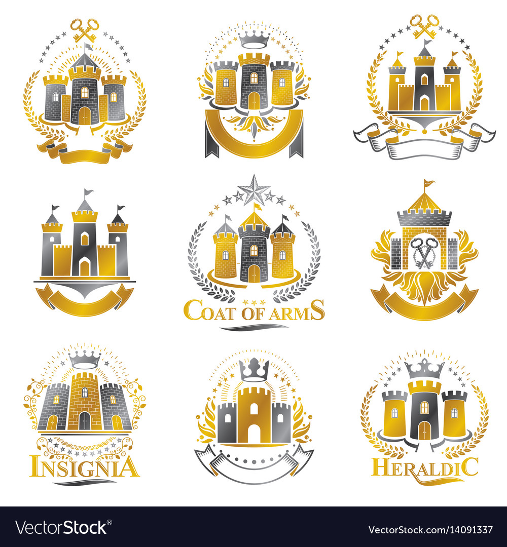 Ancient citadels emblems set heraldic design Vector Image