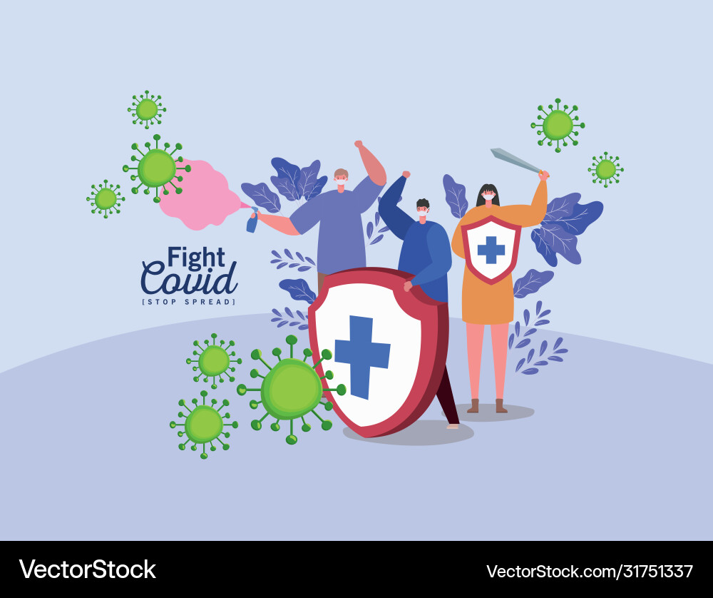 People with masks shield sword and spray fight Vector Image