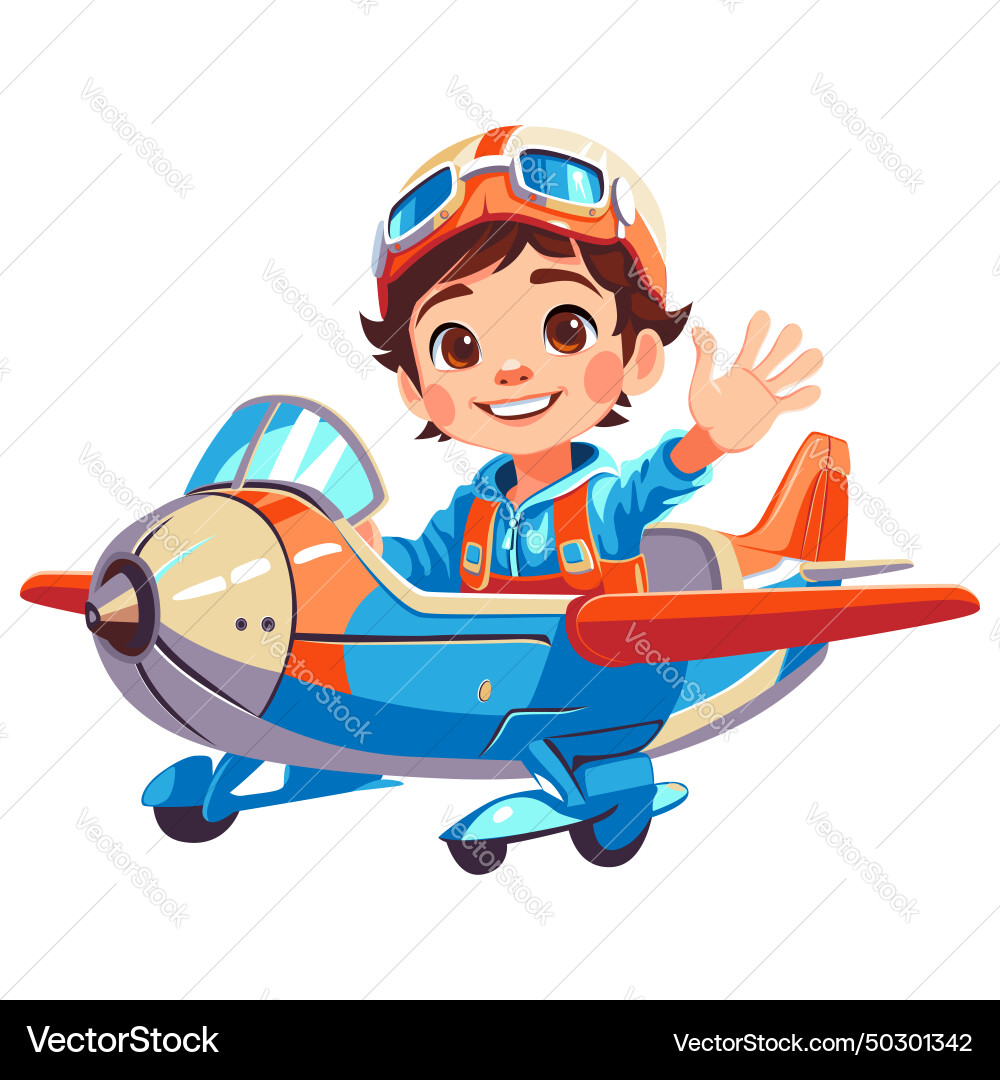 Cartoon kid pilot on toy airplane Royalty Free Vector Image