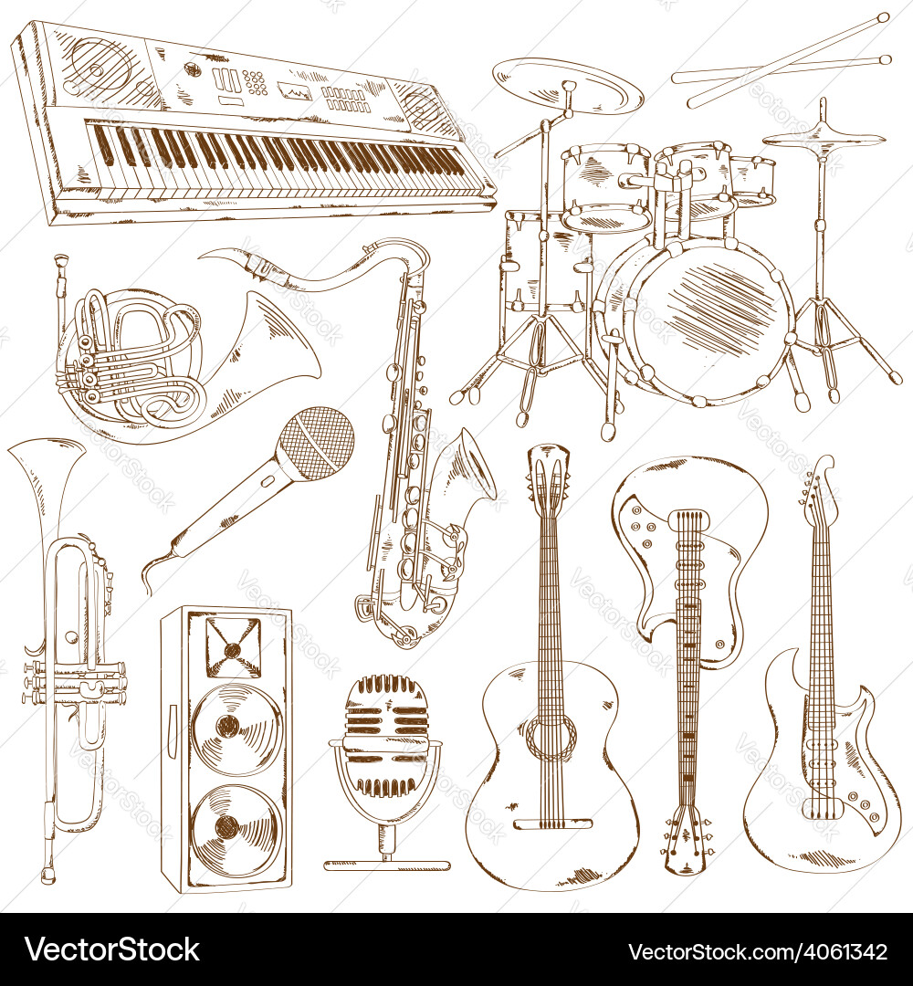 Set of isolated sketch musical instruments Vector Image