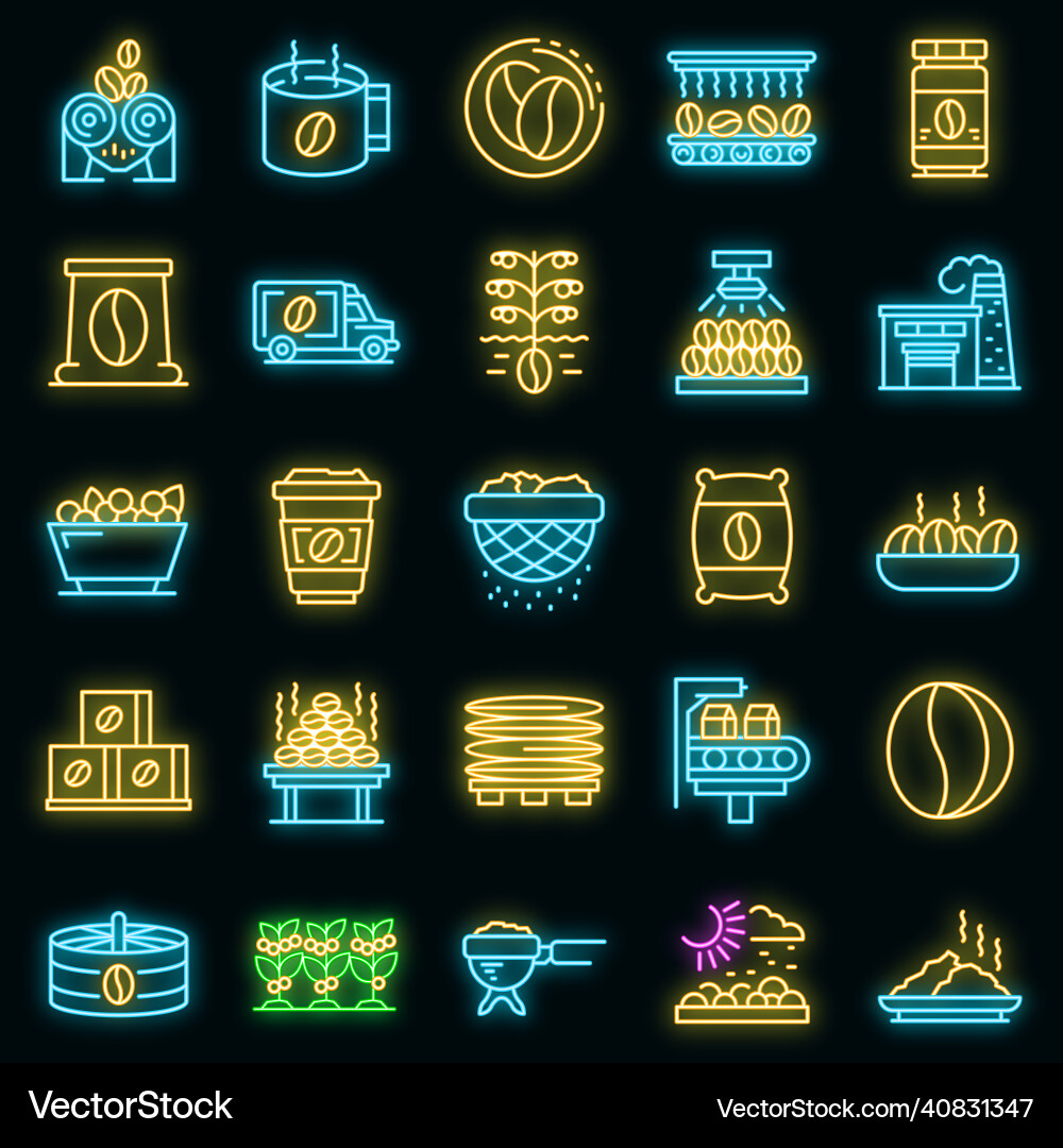 Coffee production icons set neon Royalty Free Vector Image