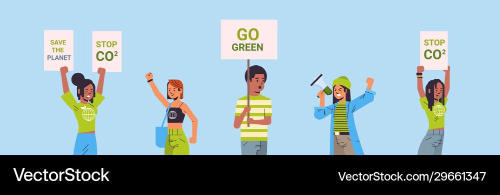 Environmental activists holding posters go green Vector Image