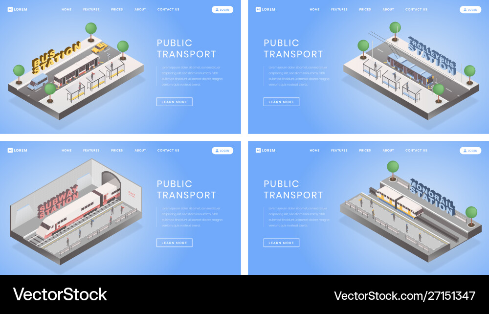 Public transport landing page templates set Vector Image