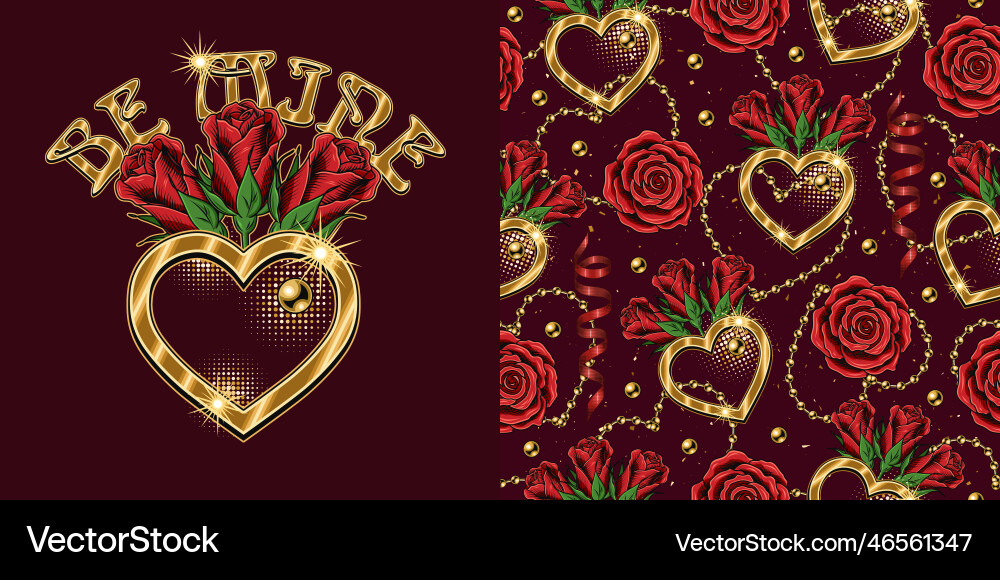 Set of label seamless pattern with heart roses Vector Image
