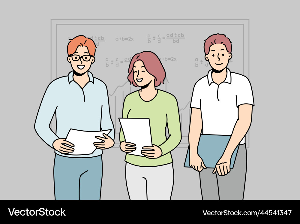 Smiling students make presentation near board Vector Image