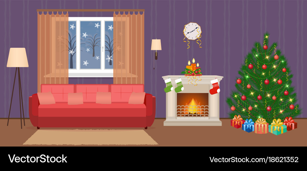 Living room christmas decorated interior Vector Image