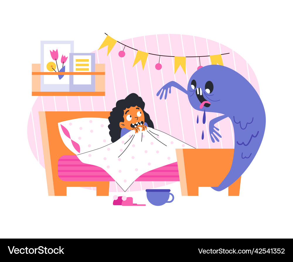 Scared child afraid of monster flat cartoon Vector Image