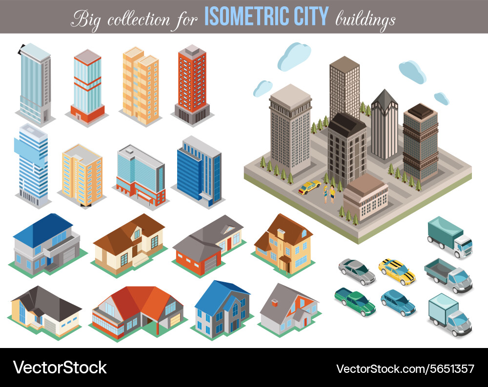 Big collection for isometric city buildings set Vector Image