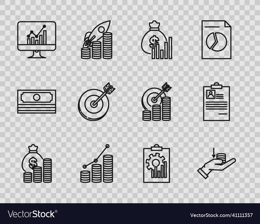 Set line money bag and coin hand diagram graph Vector Image Set line money bag and coin hand diagram graph Vector Image